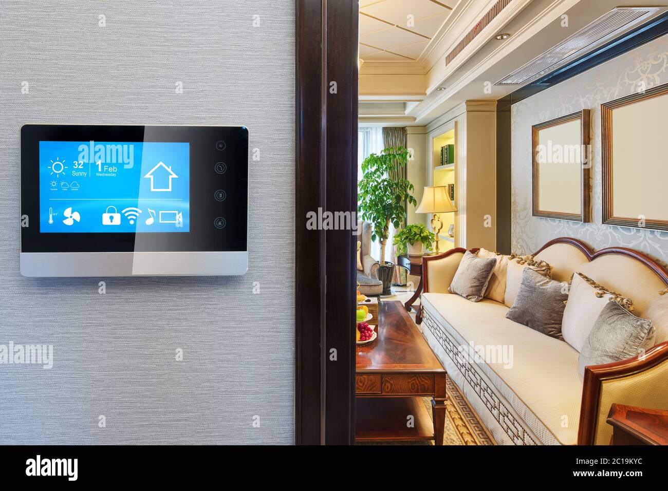 smart screen with smart home with modern living room Stock Photo - Alamy