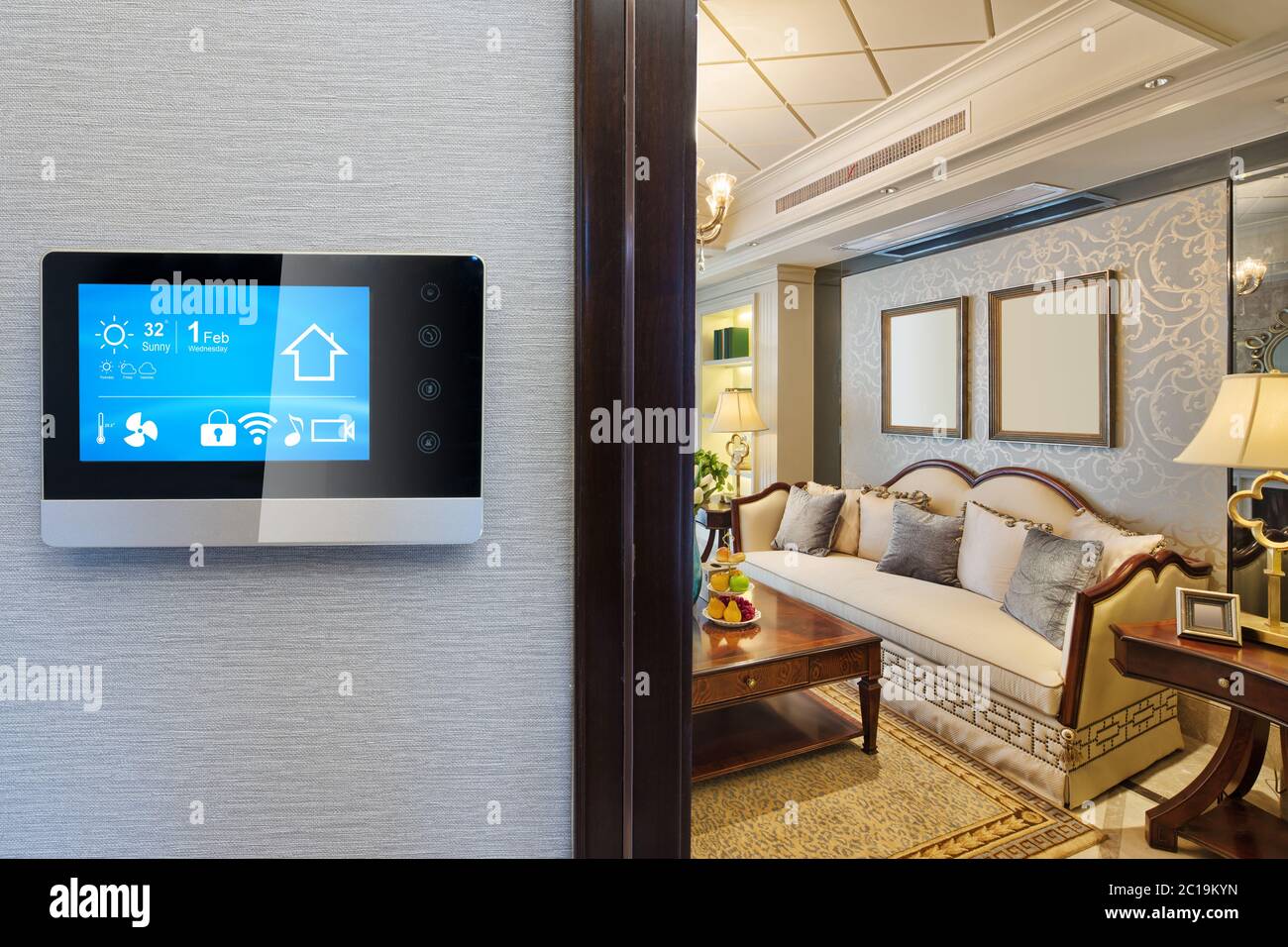 smart screen with smart home with modern living room Stock Photo - Alamy