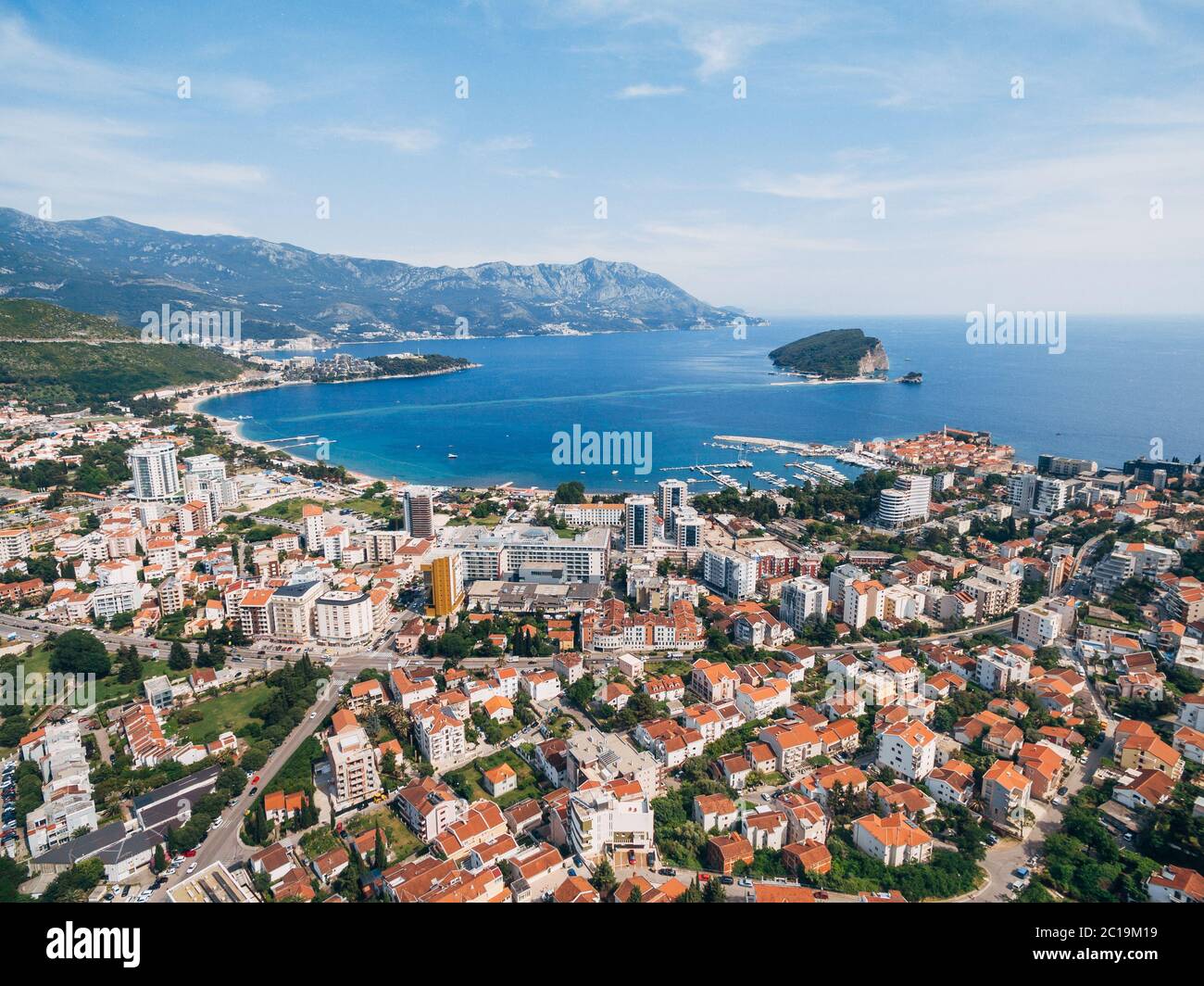 The modern city of Budva, from a bird's-eye view, aerial photo from a ...