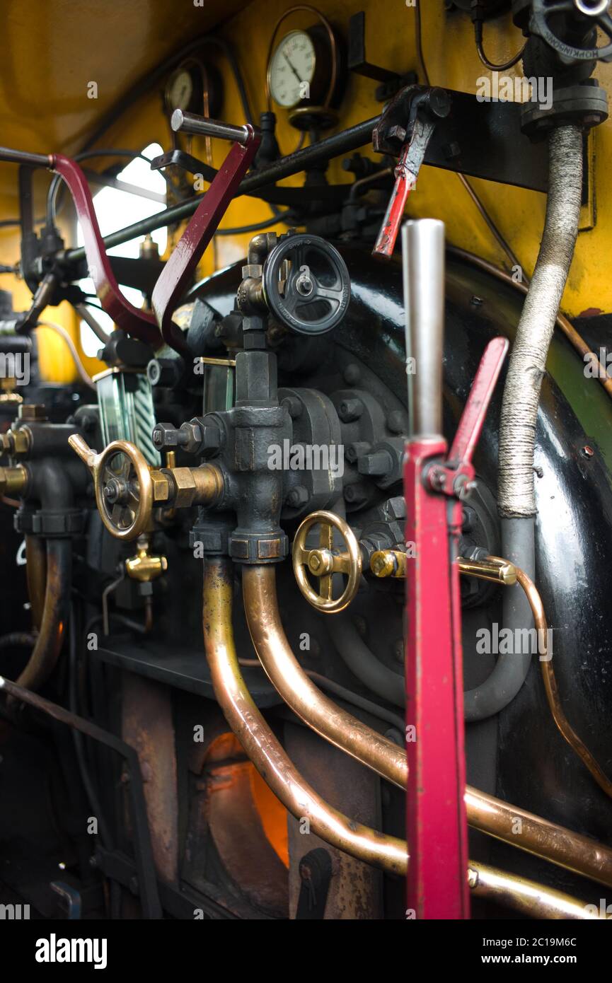 Machinist compartment in the locomotive of a steam train on the Kent ...