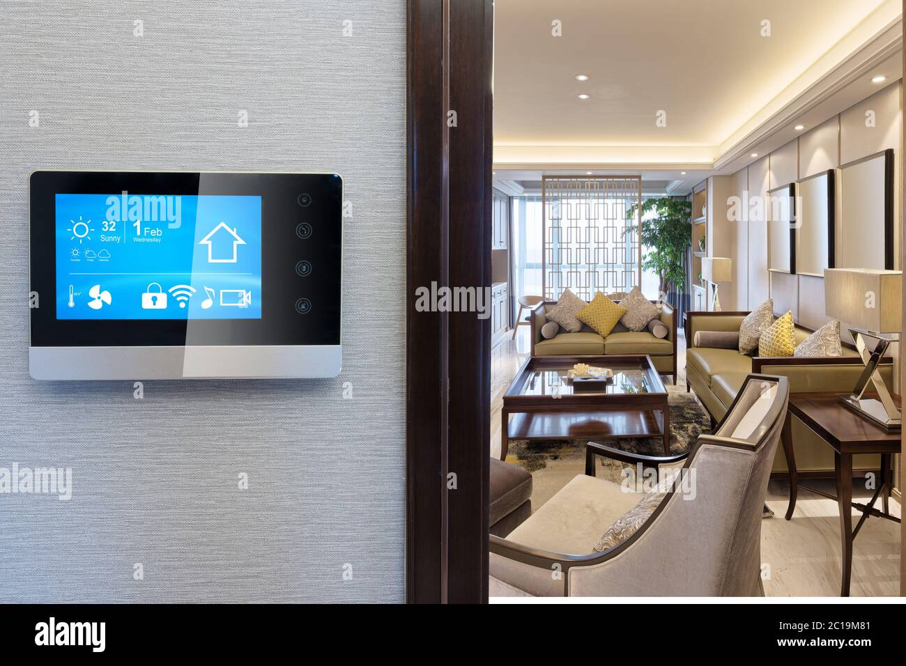 smart screen with smart home and modern living room Stock Photo - Alamy