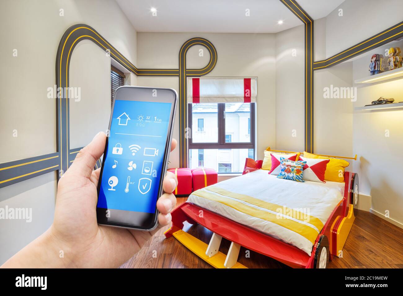 smart phone with smart home with modern bedroom Stock Photo - Alamy