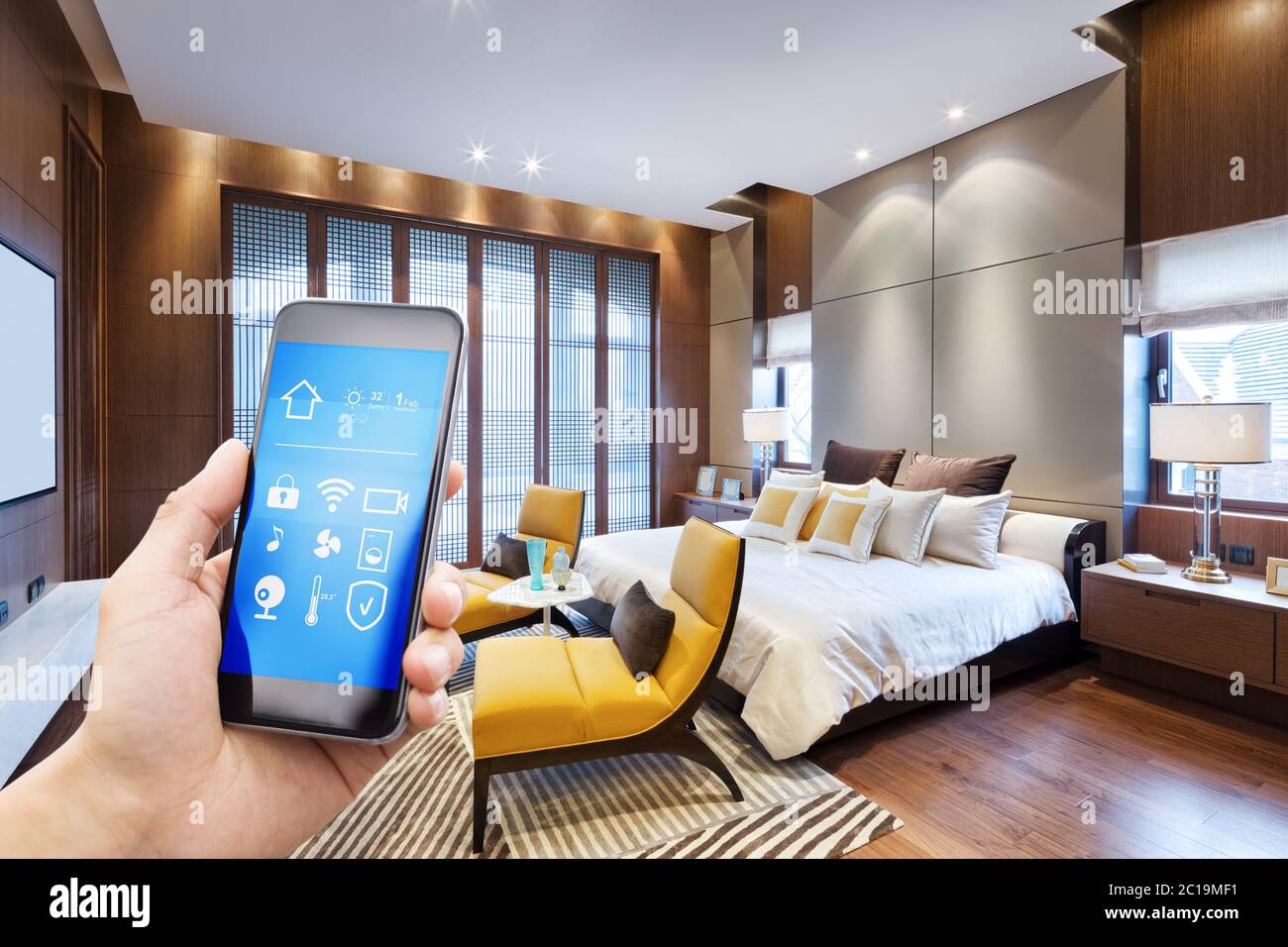 smart phone with smart home with modern bedroom Stock Photo - Alamy