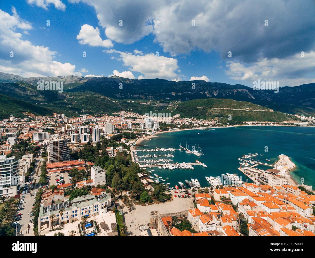 Boat dock and yacht port in Budva, Montenegro. Aerial photo from the ...