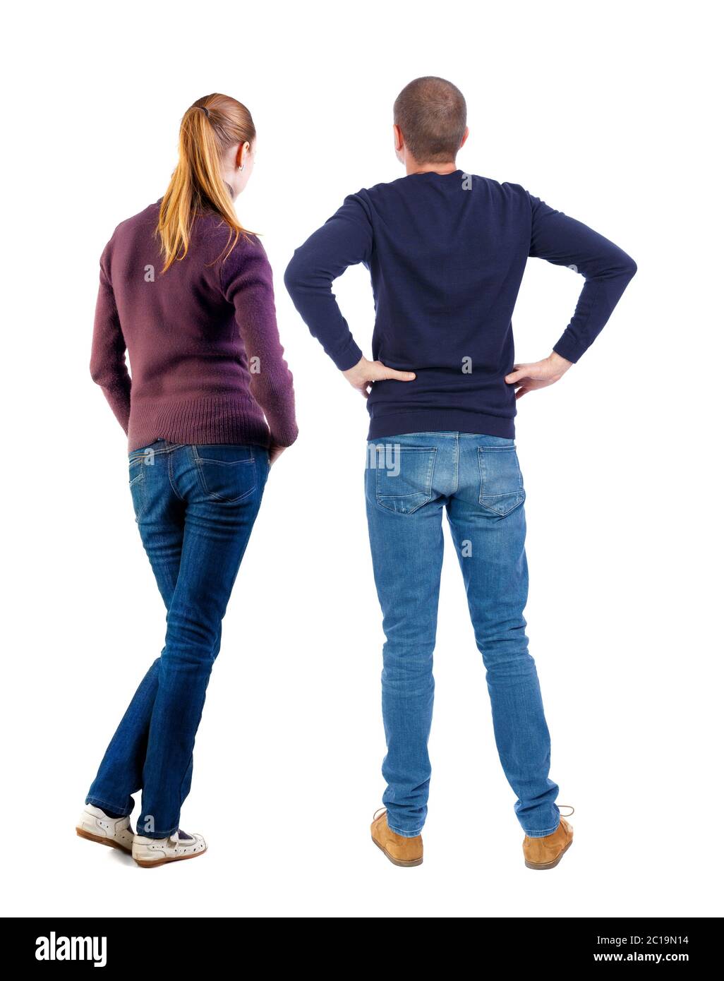 Back view couple in sweater. beautiful man and woman. Rear view people ...
