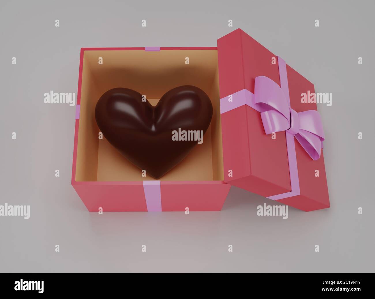 The chocolate heart in an open gift box with a bow. 3d illustration ...