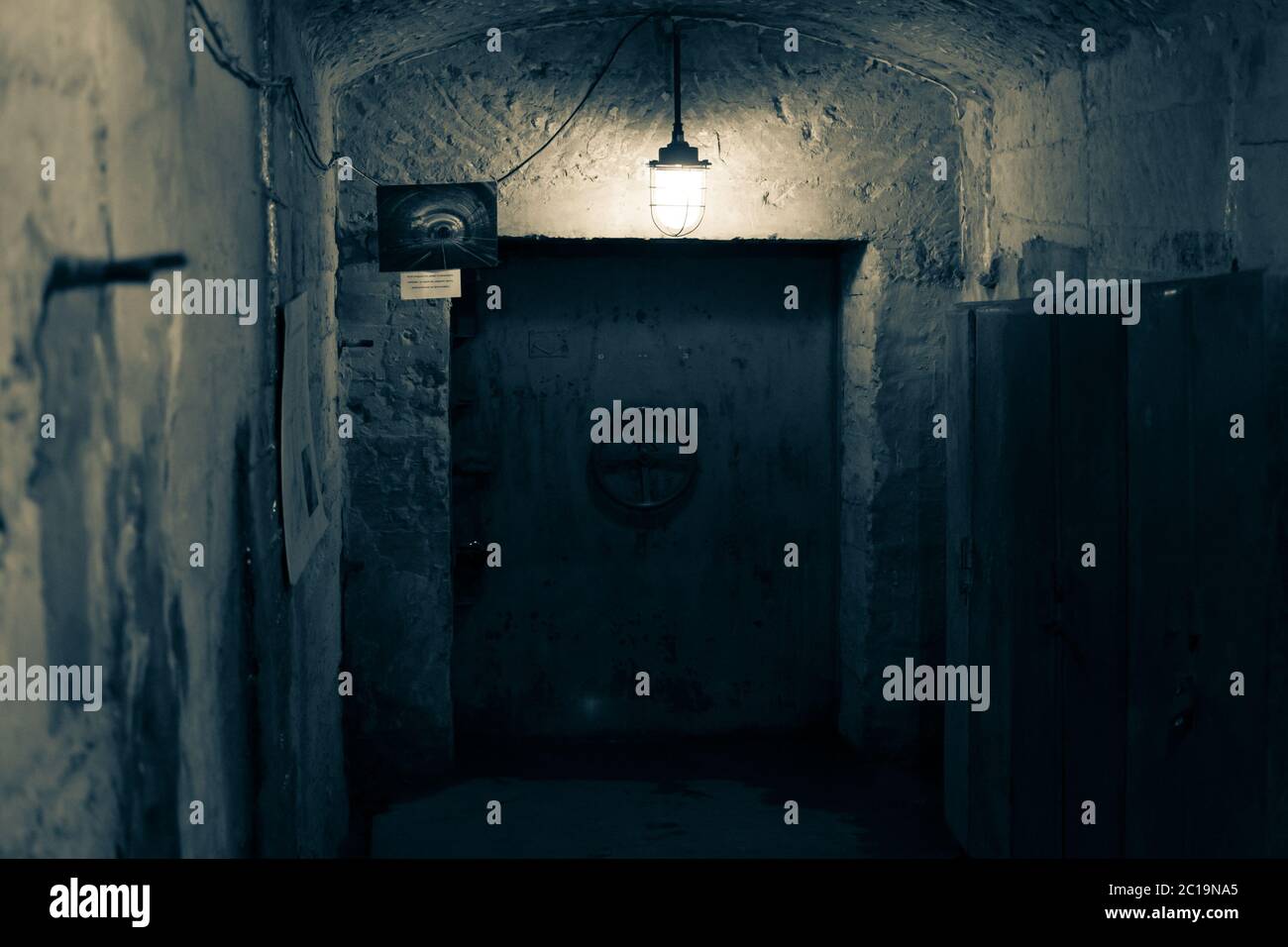 Moscow 17.11.2019. Dark corridor of old underground Soviet bunker. USSR ...