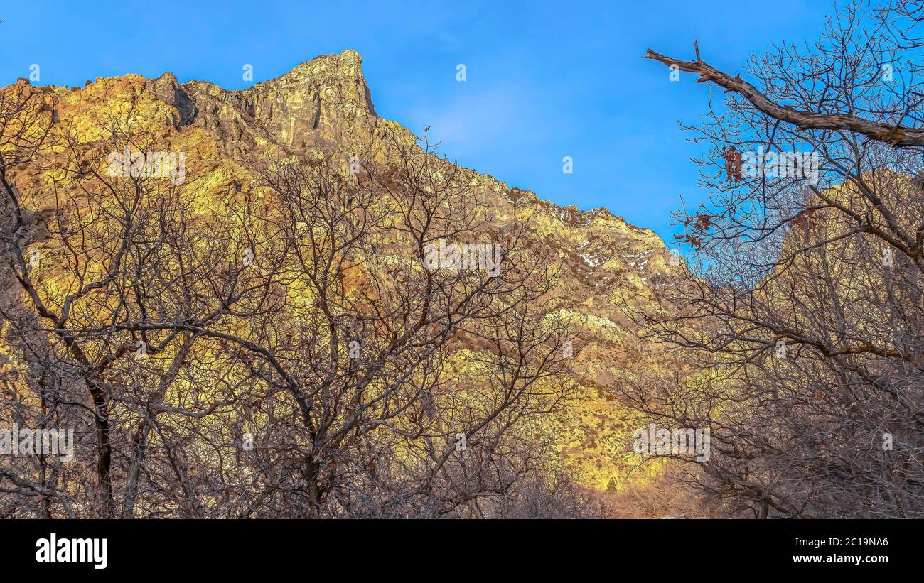 Panorama Dirt road trail with tire track and snow in winter in Provo ...