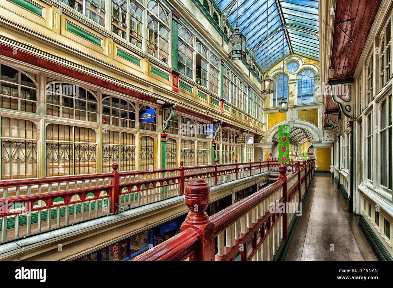 The Castle Arcade balcony showing retail shops, Cardiff, Wales, UK ...