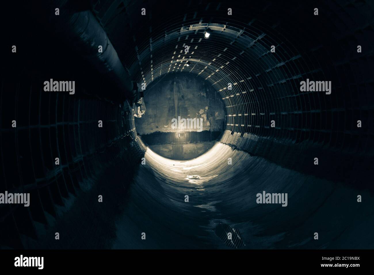 Moscow 17.11.2019. Dark corridor of old underground Soviet bunker. USSR ...