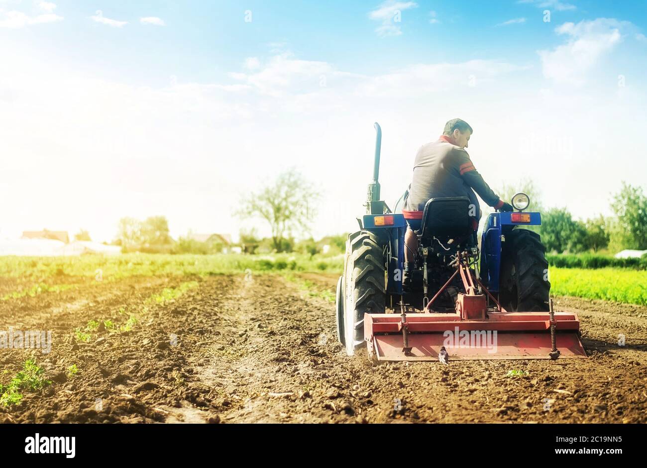 Farmer on a tractor with milling machine loosens, grinds and mixes soil ...