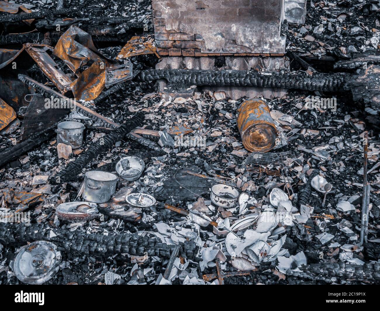 burned down house, remnants of burned down, destroyed house, dishes ...