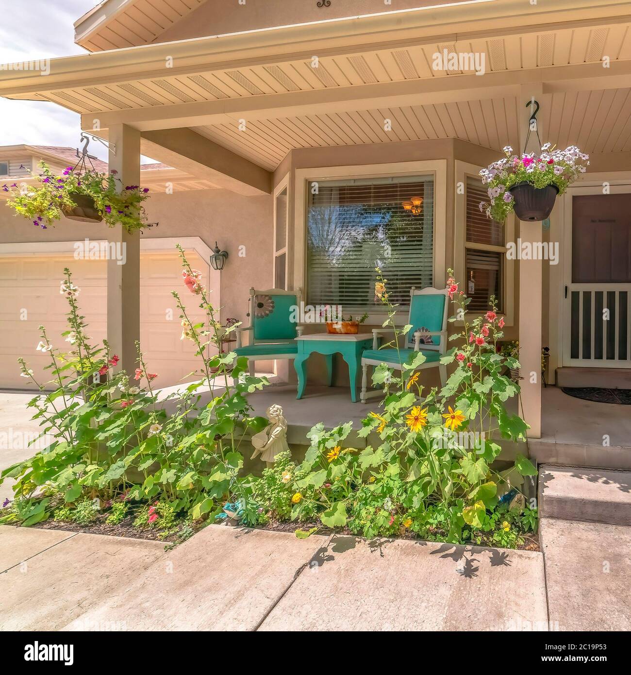 Square crop Home exterior with bay window on front porch decorated with ...