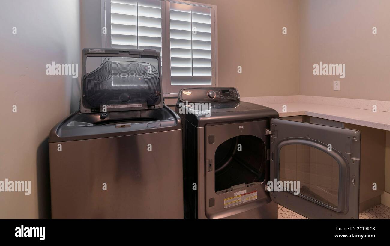 Panorama frame Electrical appliances in a laundry room interior Stock ...