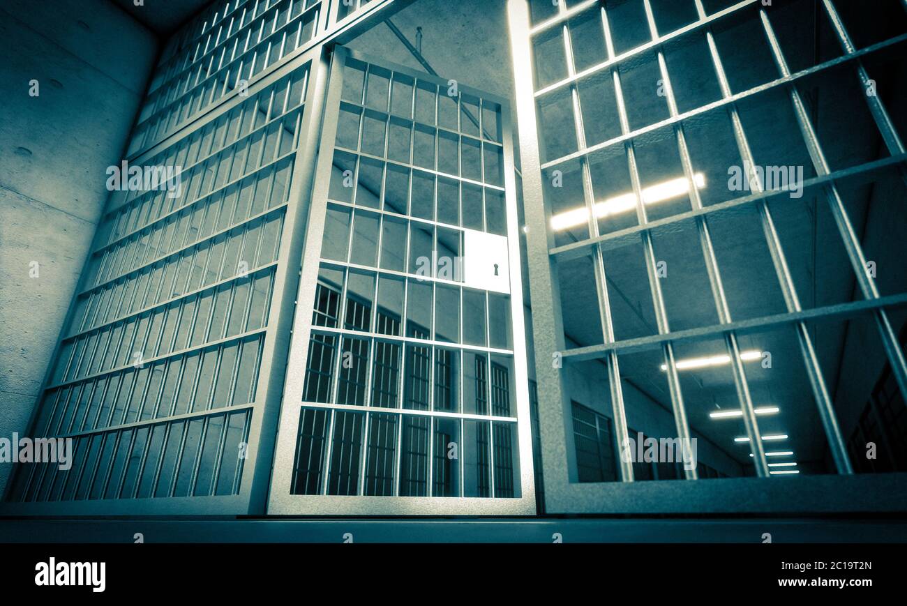 prison in penitentiary with bars and open door. 3d render. nobody ...