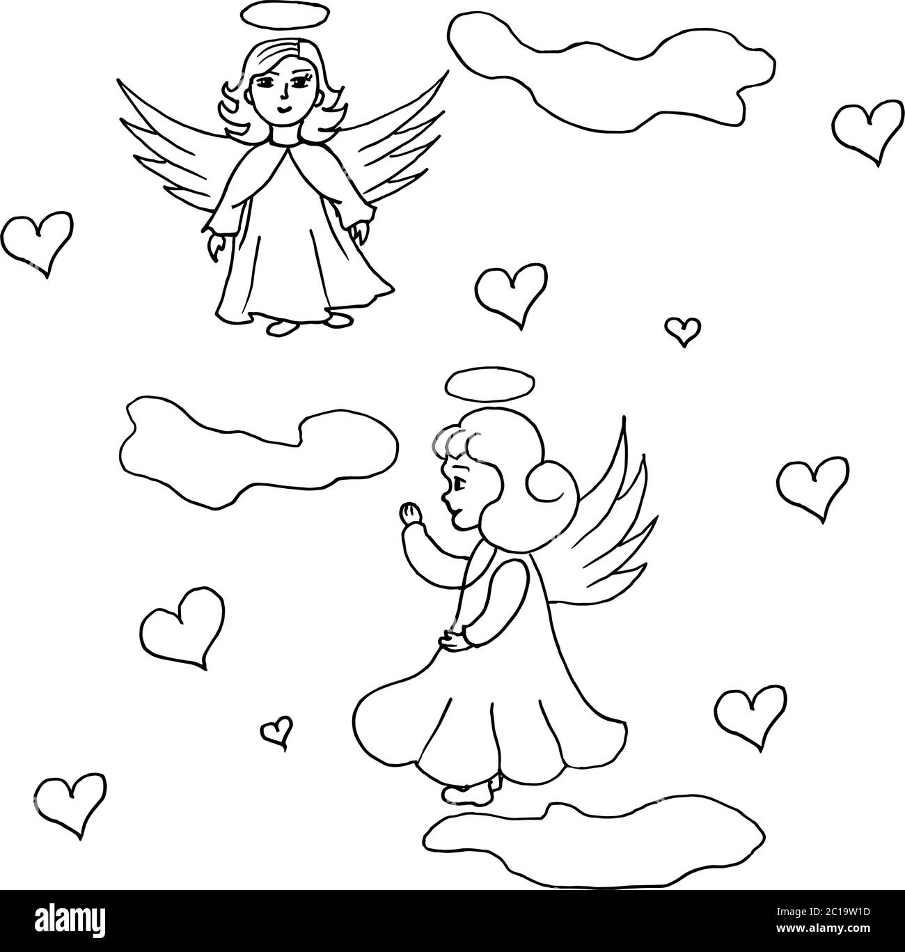 isolated on white background picture of an angel girl, outline, vector ...