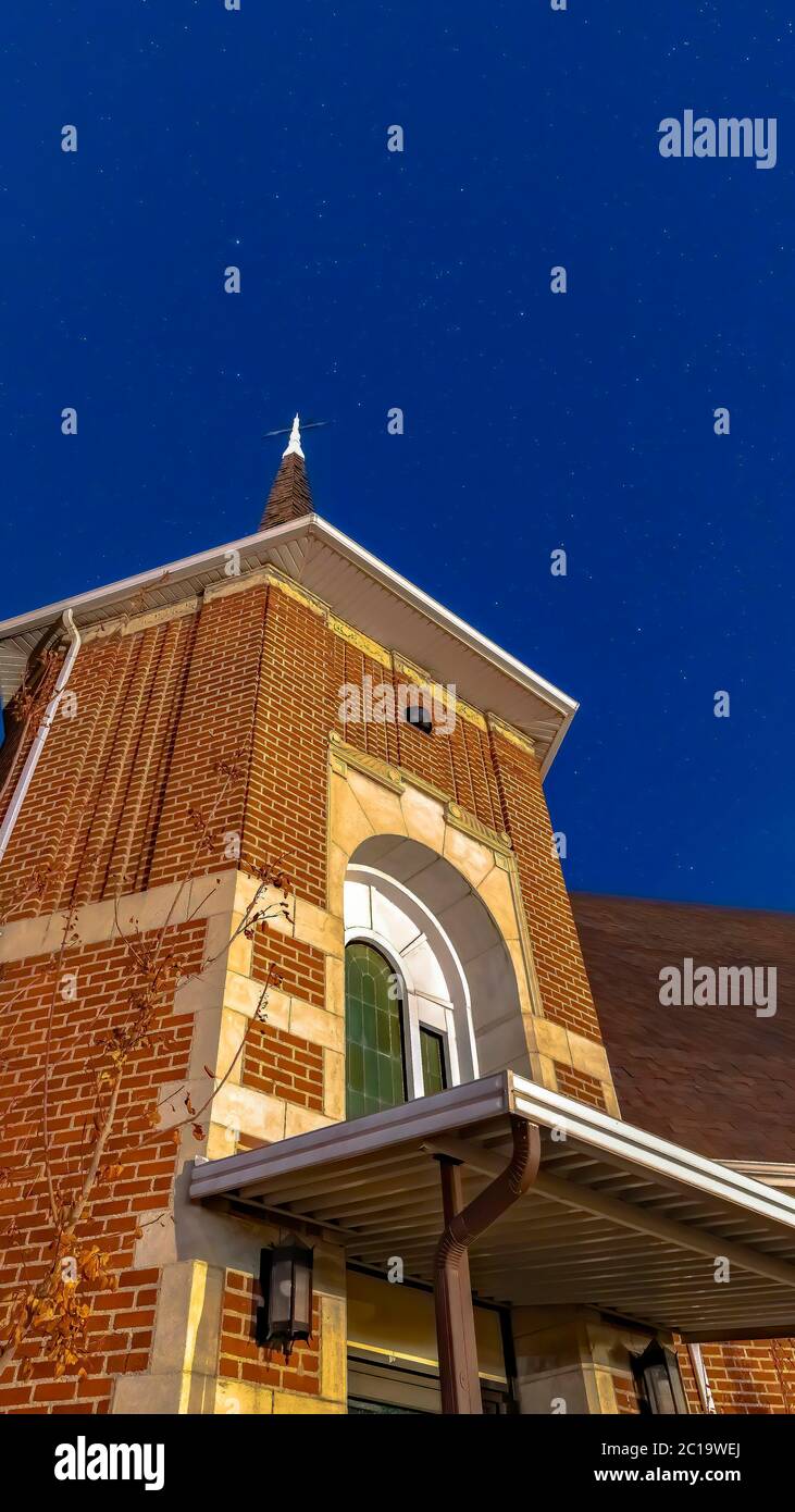 Vertical frame Facade of a brick wall church in Provo Utah with pitched ...