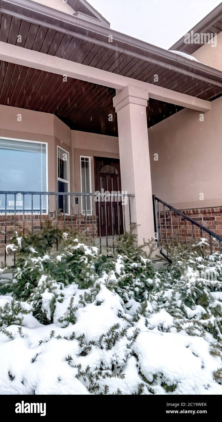 Vertical frame Snowy evergreens at the yard of brick home with bay ...