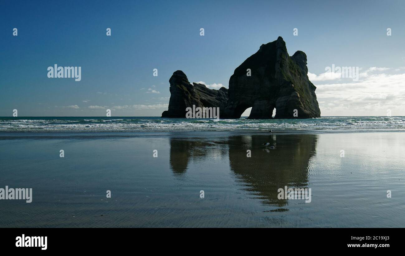 The archway rock at Wharariki Beach, Golden Bay, New Zealand Stock ...