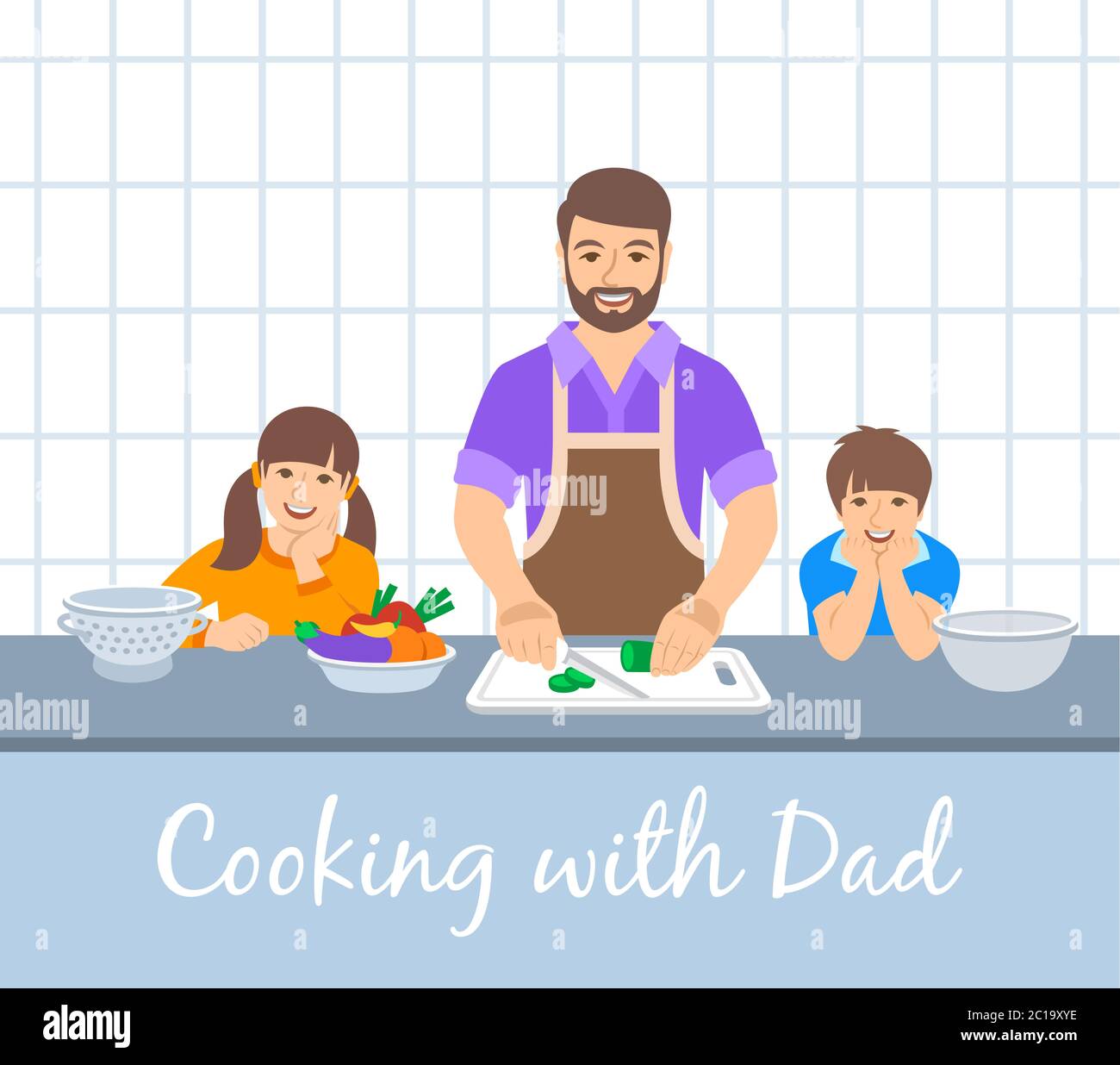 Family cooking together. Dad with two happy kids cuts vegetables for ...