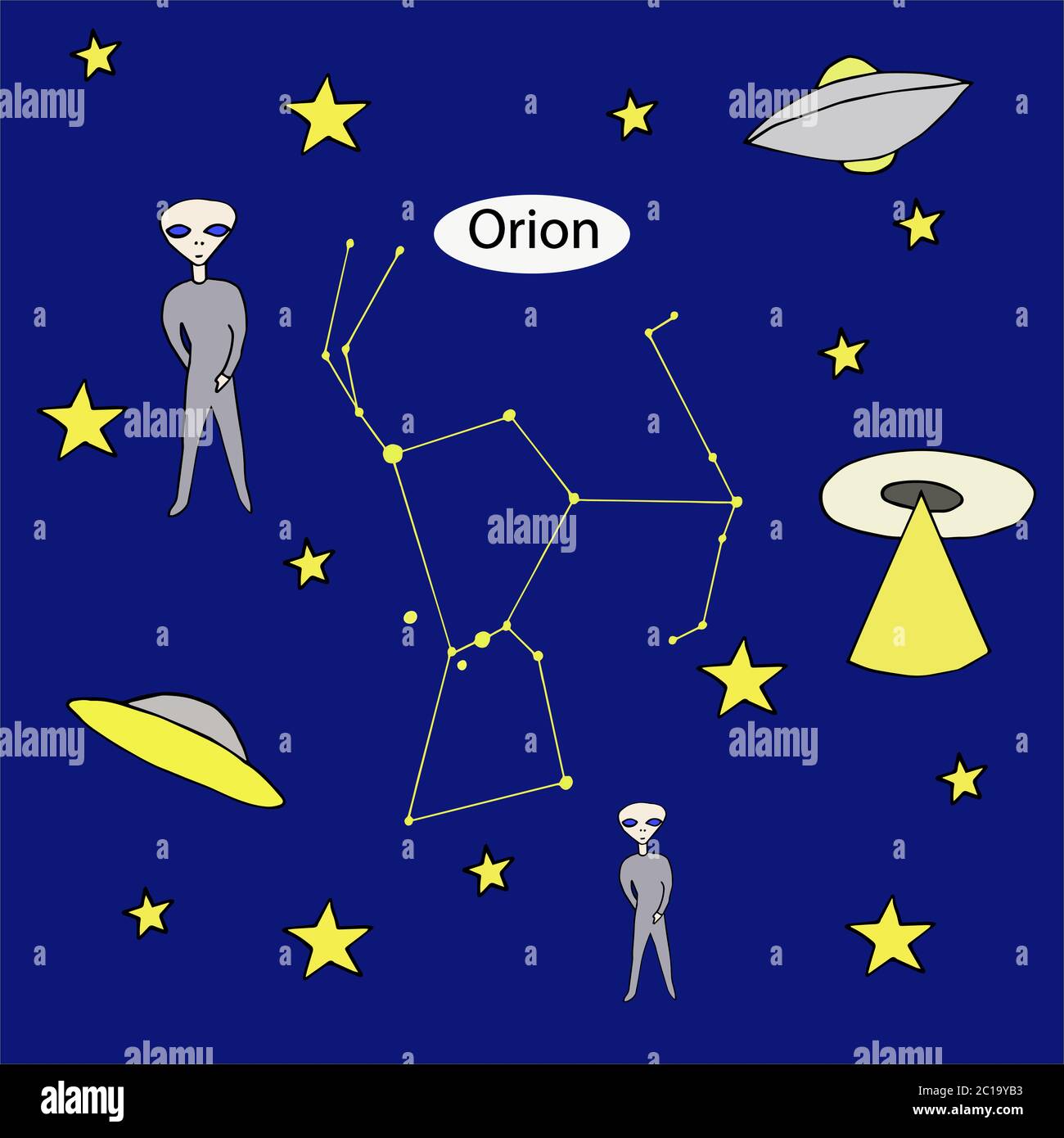 Isolated on blue drawing aliens, space, constellations Orion and flying ...