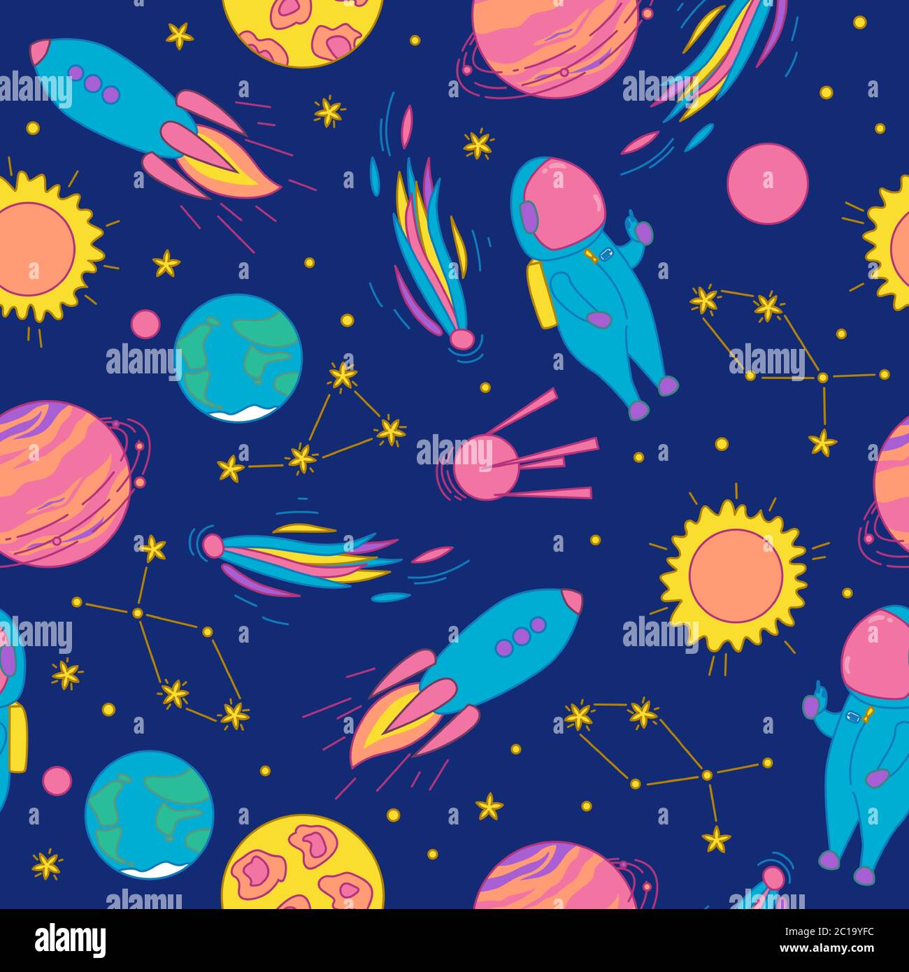 Outer space seamless pattern with astronaut, planets, constellations ...