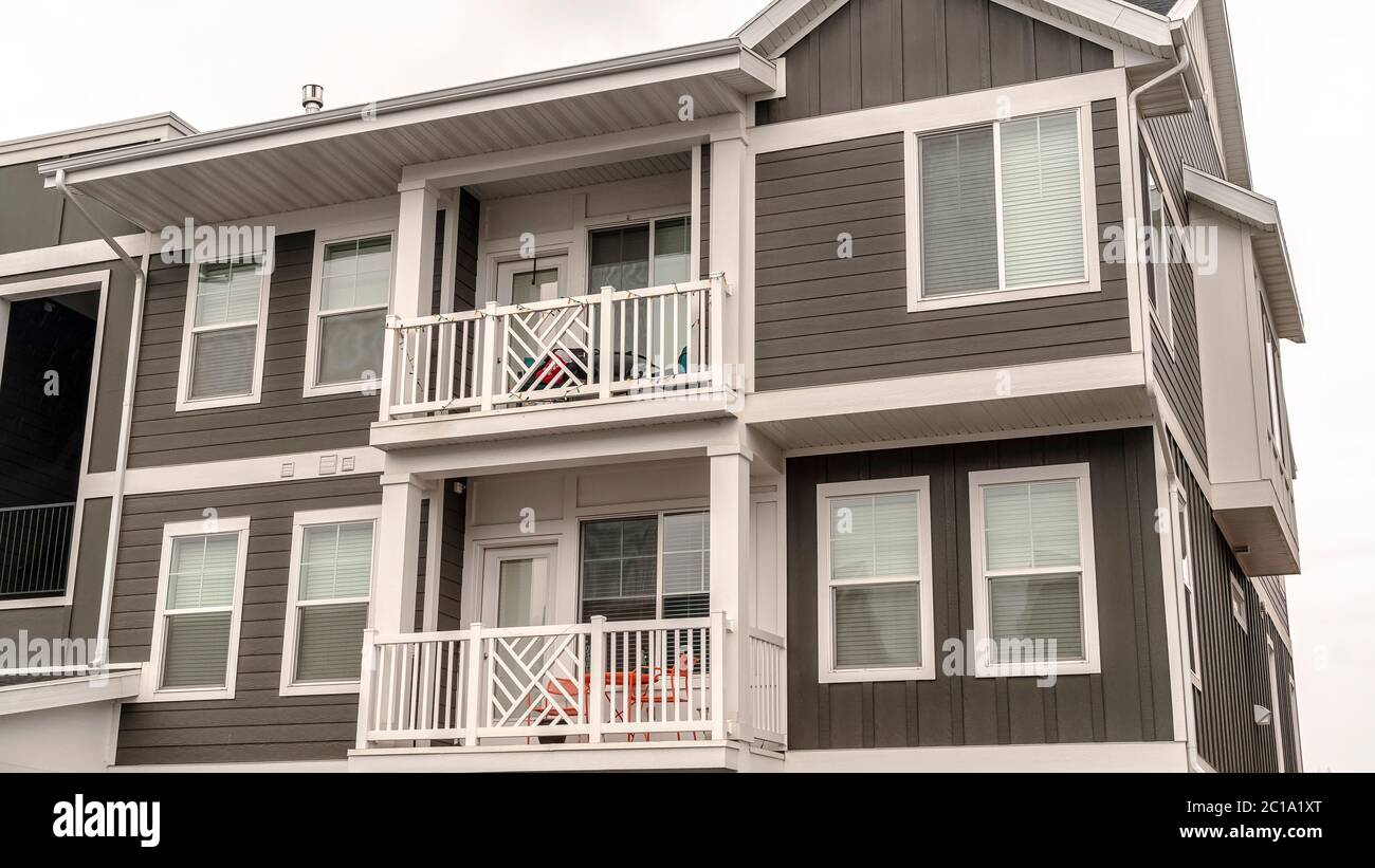 Panorama Small modern apartment block with balconies day light Stock ...