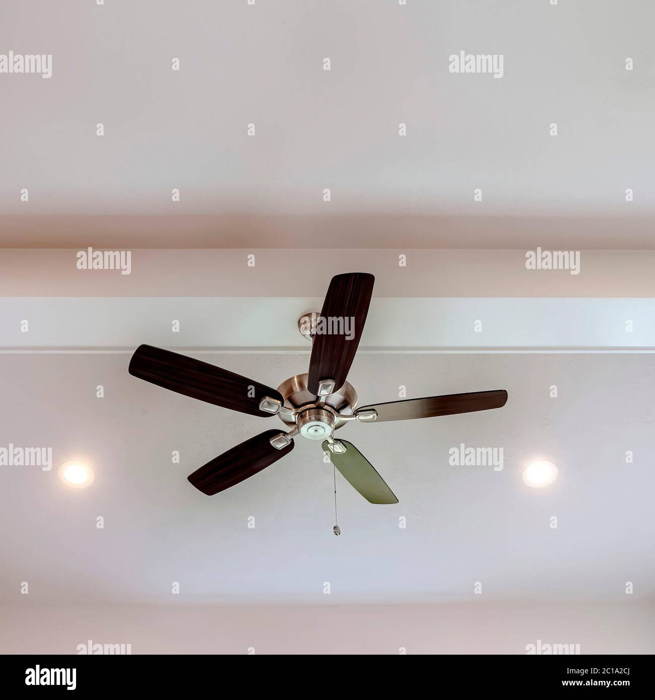 Square frame Ceiling fan with wood blades and built in lights on the ...