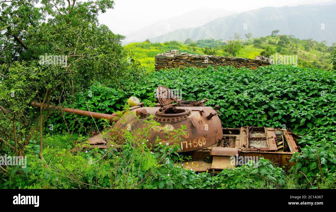 Abandoned tank at the road in Filfil national park, Eritrea Stock Photo ...