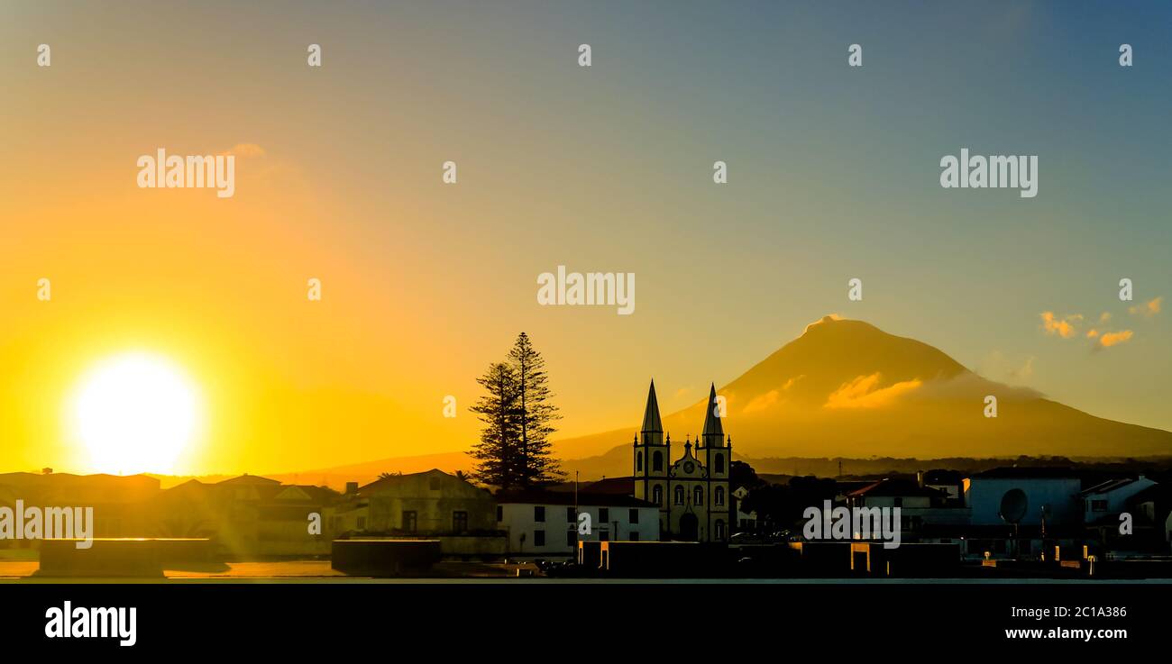 Sunrise over Madalena and Pico volcano and island, Azores, Portugal ...