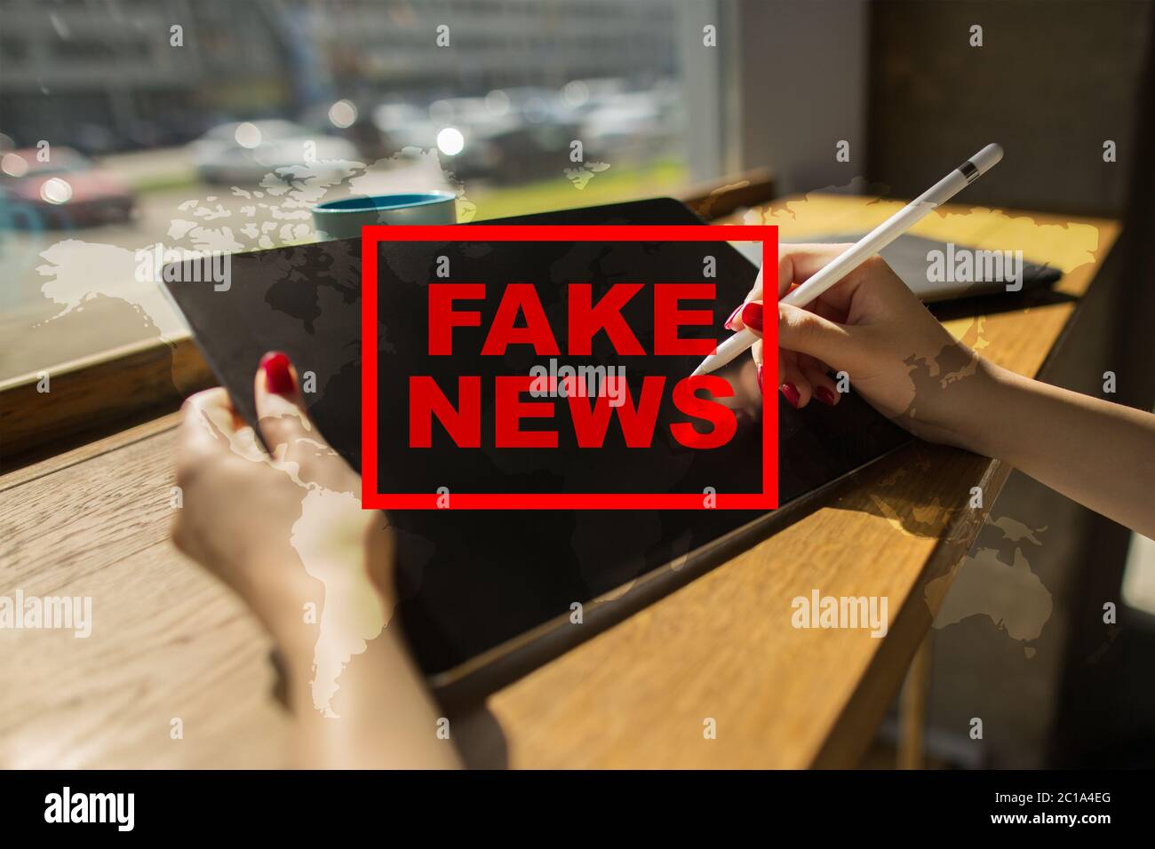 Fake news warning on the virtual screen Stock Photo - Alamy