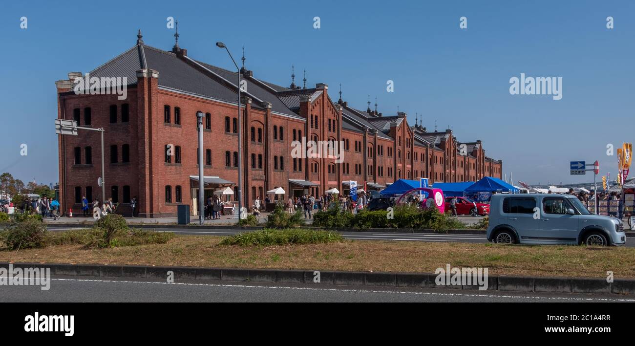 Visitors at the historic Yokohama Red Brick Warehouse building, Japan ...