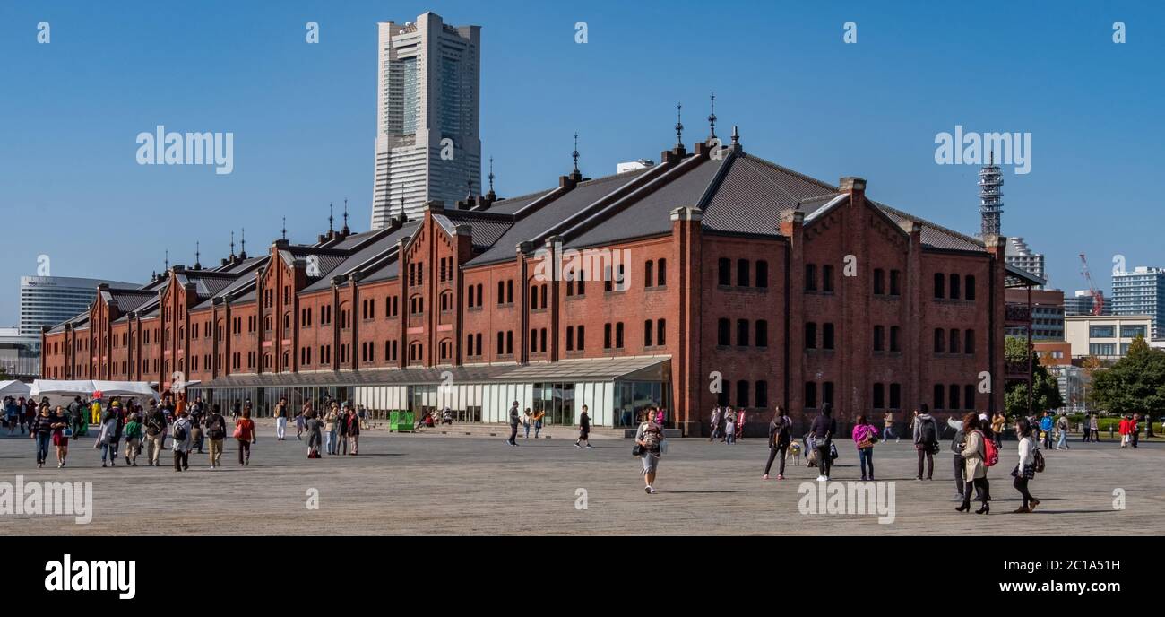 Visitors at the historic Yokohama Red Brick Warehouse building, Japan ...