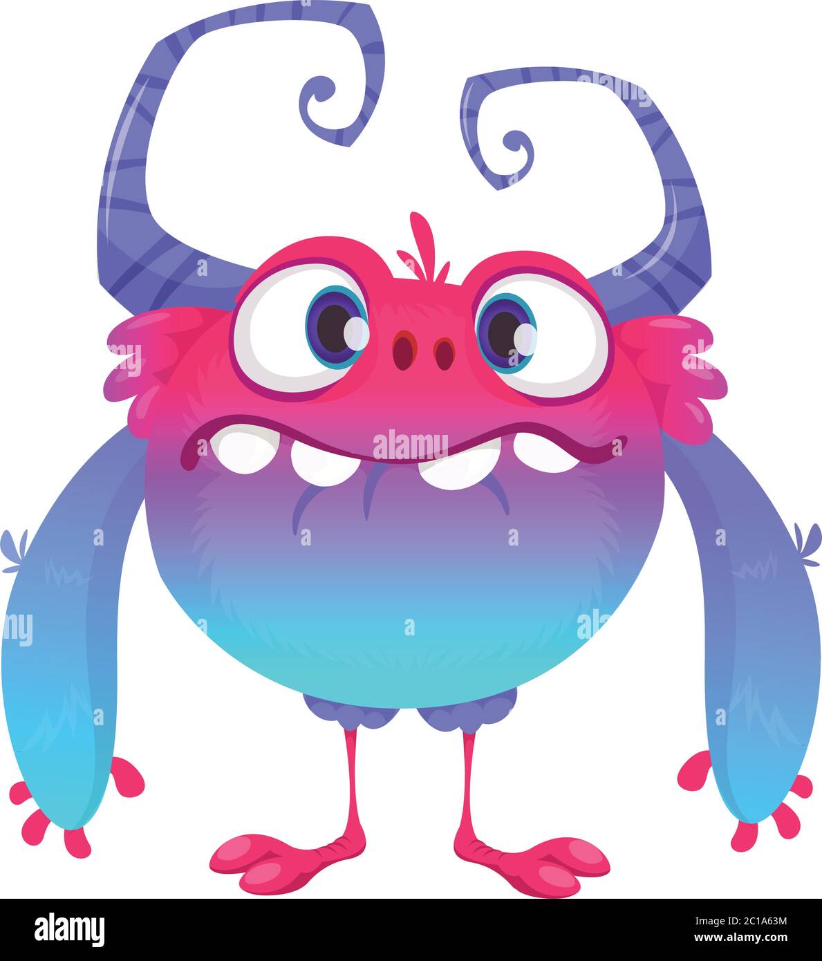 Cute cartoon monster. Vector furry blue monster character with tiny ...