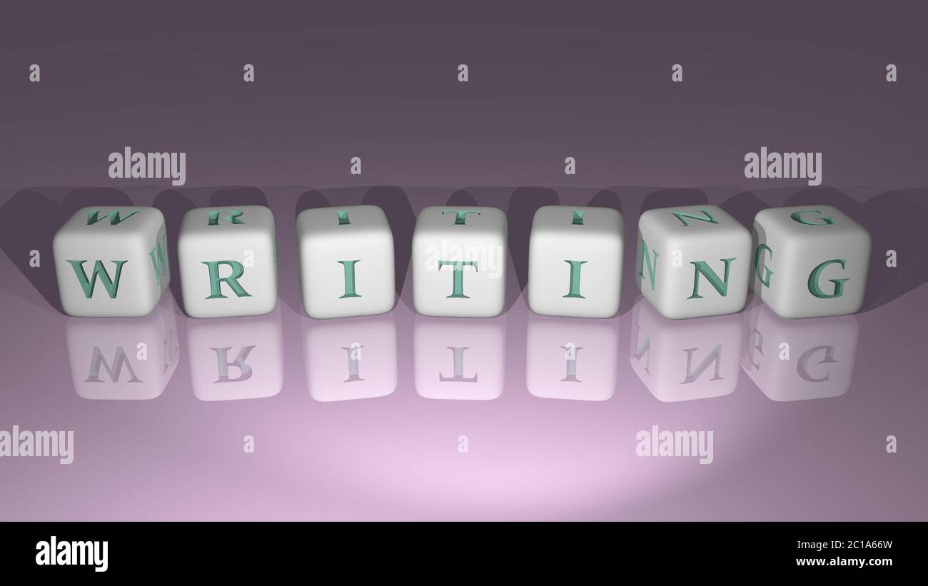 alphabetic WRITING arranged by cubic letters on a mirror floor, concept ...