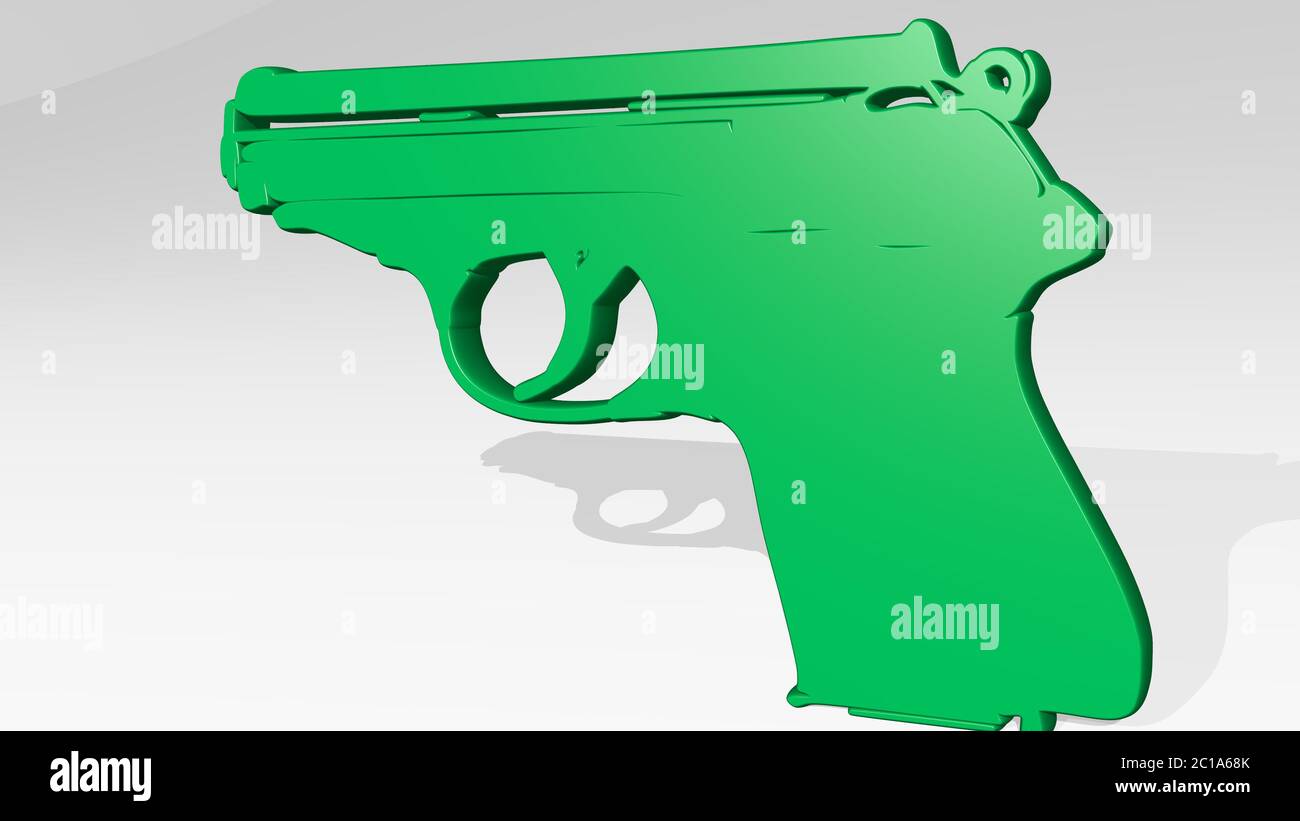 hand gun made by 3D illustration of a shiny metallic sculpture on a ...