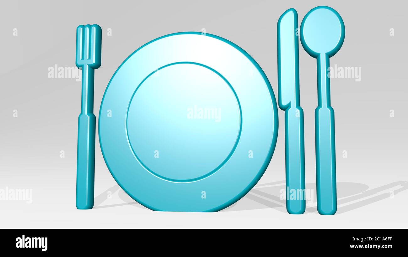 table set of plate, fork, knife, and spoon made by 3D illustration of a ...
