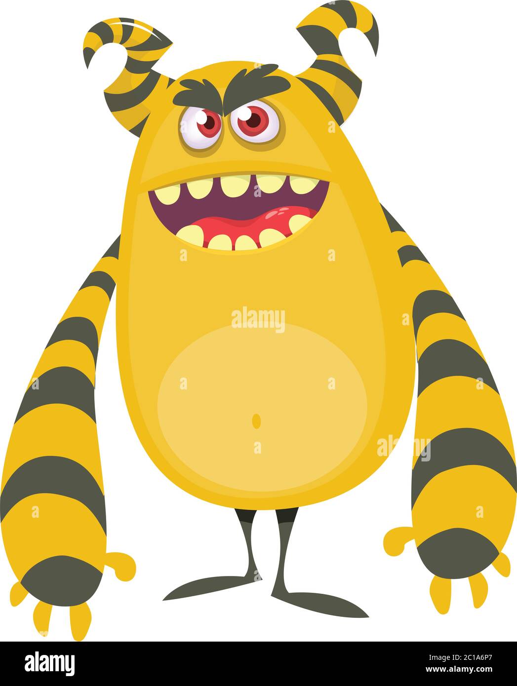 Angry cool cartoon fat monster. Orange and horned vector monster ...