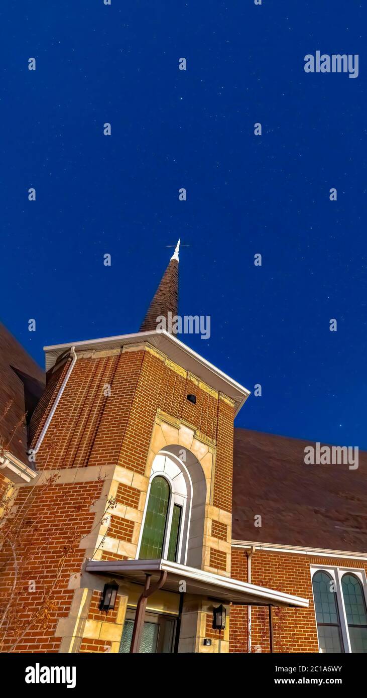 Vertical frame Facade of a church in Provo Utah with brick wall arched ...