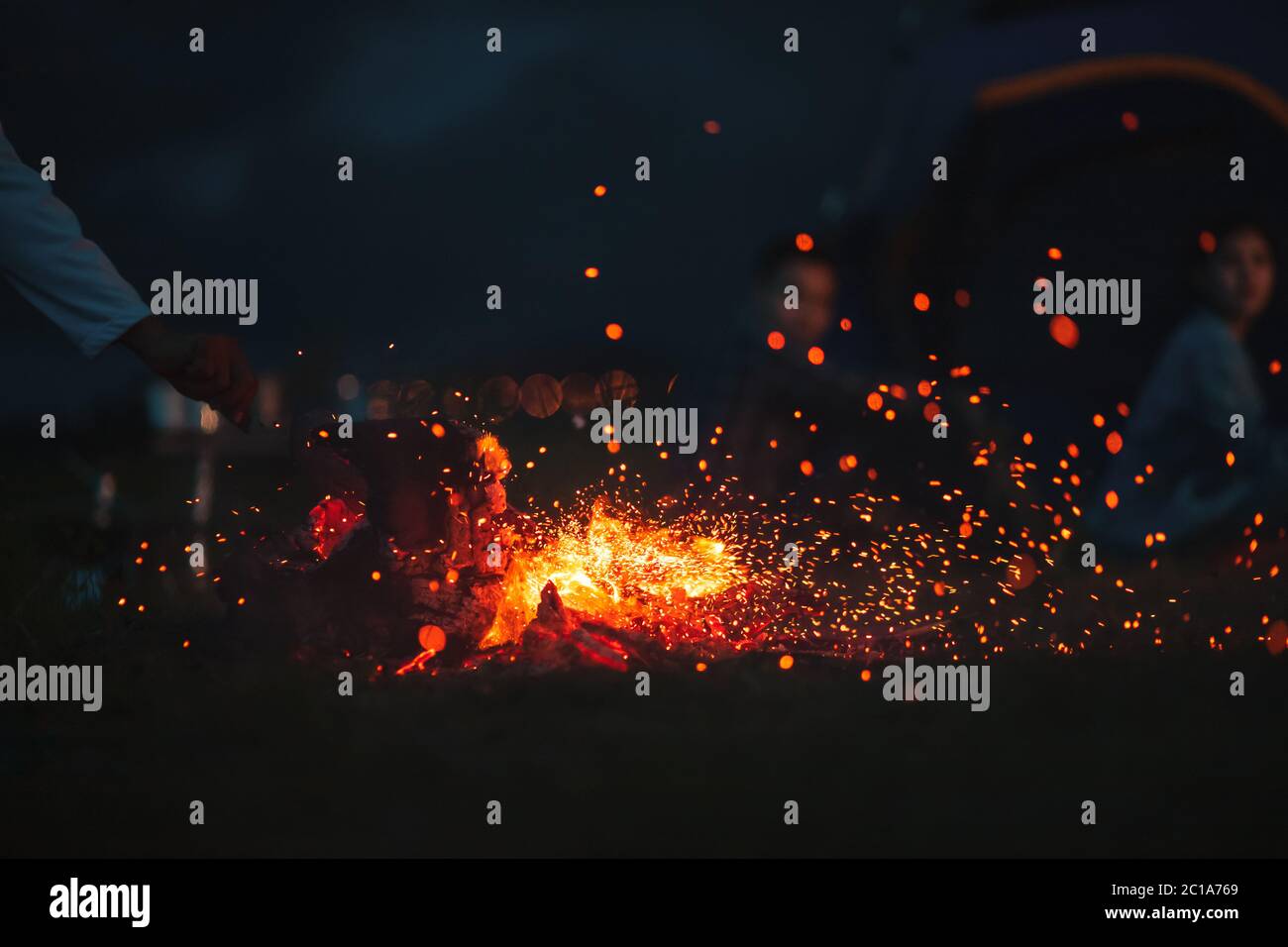 Burning wood at night. Campfire at nature in mountains. Flame and fire ...