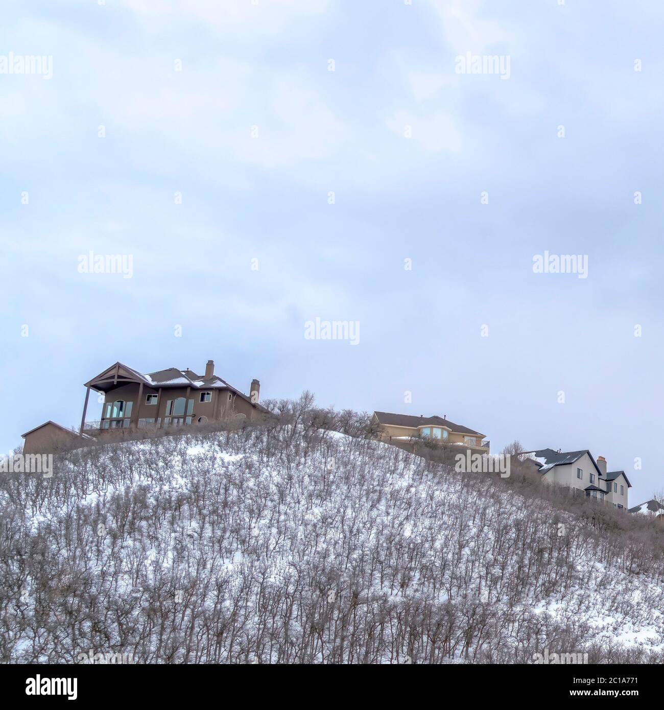 Square crop Homes atop gentle hill slopes with fresh snow and leafless ...