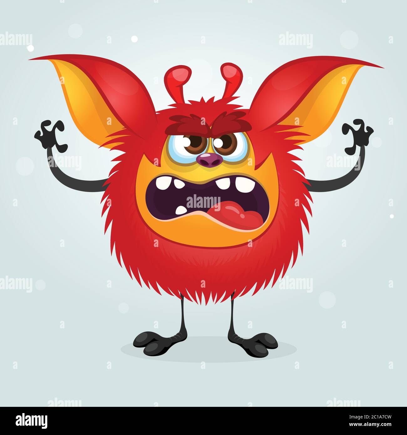 Angry red cartoon monster waving hands. Halloween vector illustration ...
