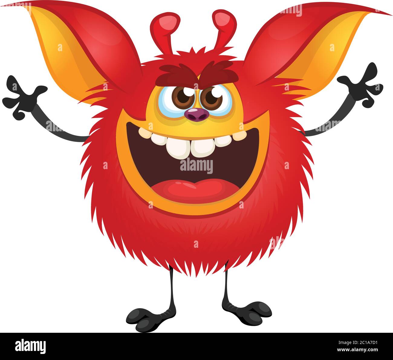 Angry red cartoon monster waving hands. Halloween vector illustration ...