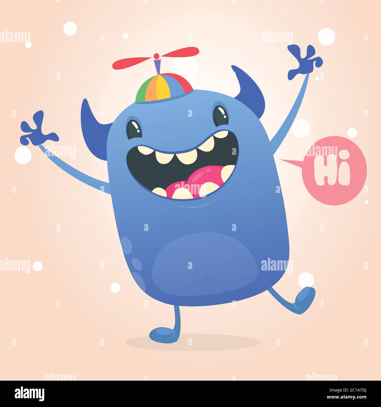 Cute tiny blue monster in kid's hat with propeller dancing. Vector ...