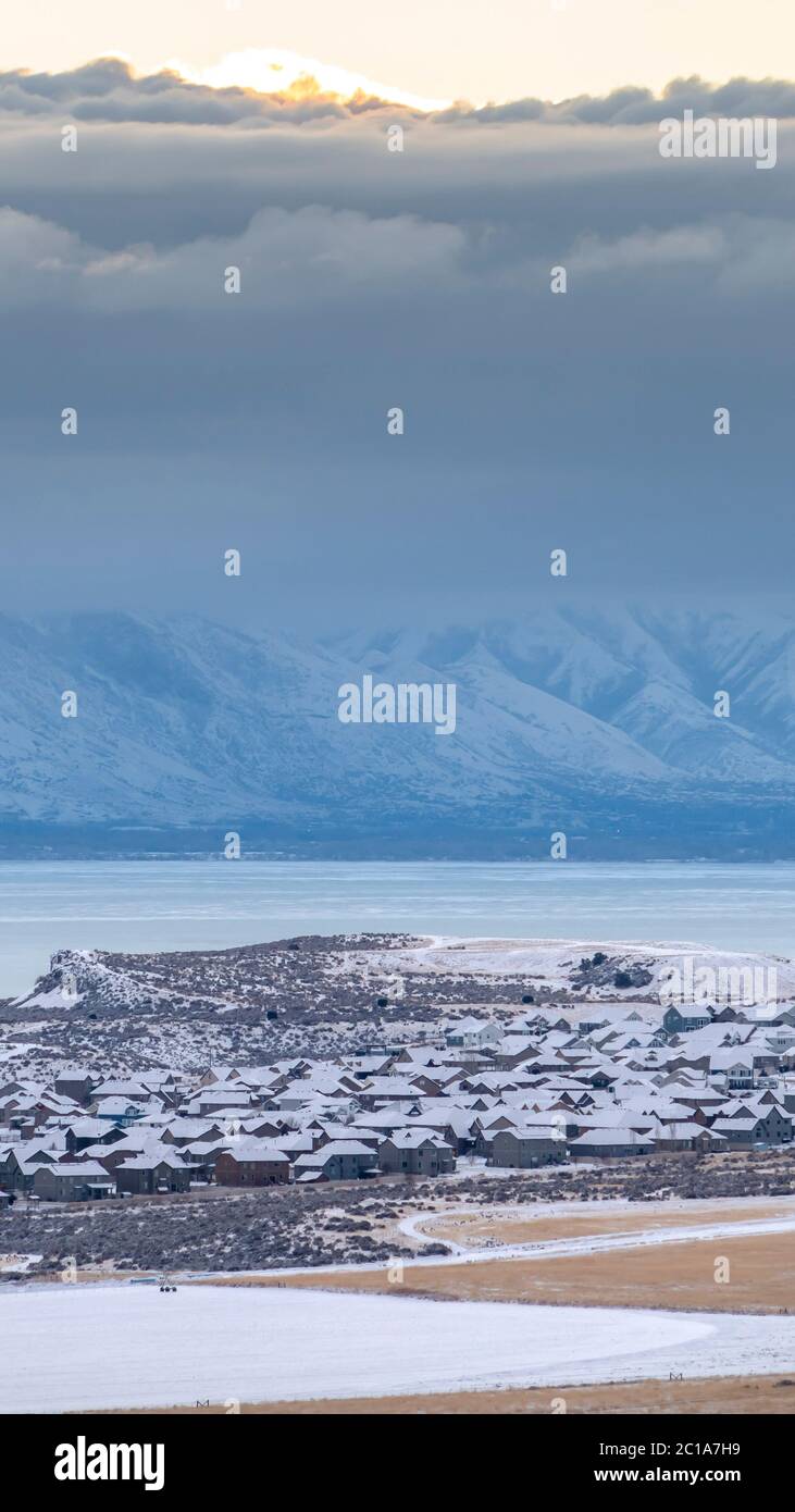 Vertical crop Scenic utah valley landscape with snowy mountain frozen ...