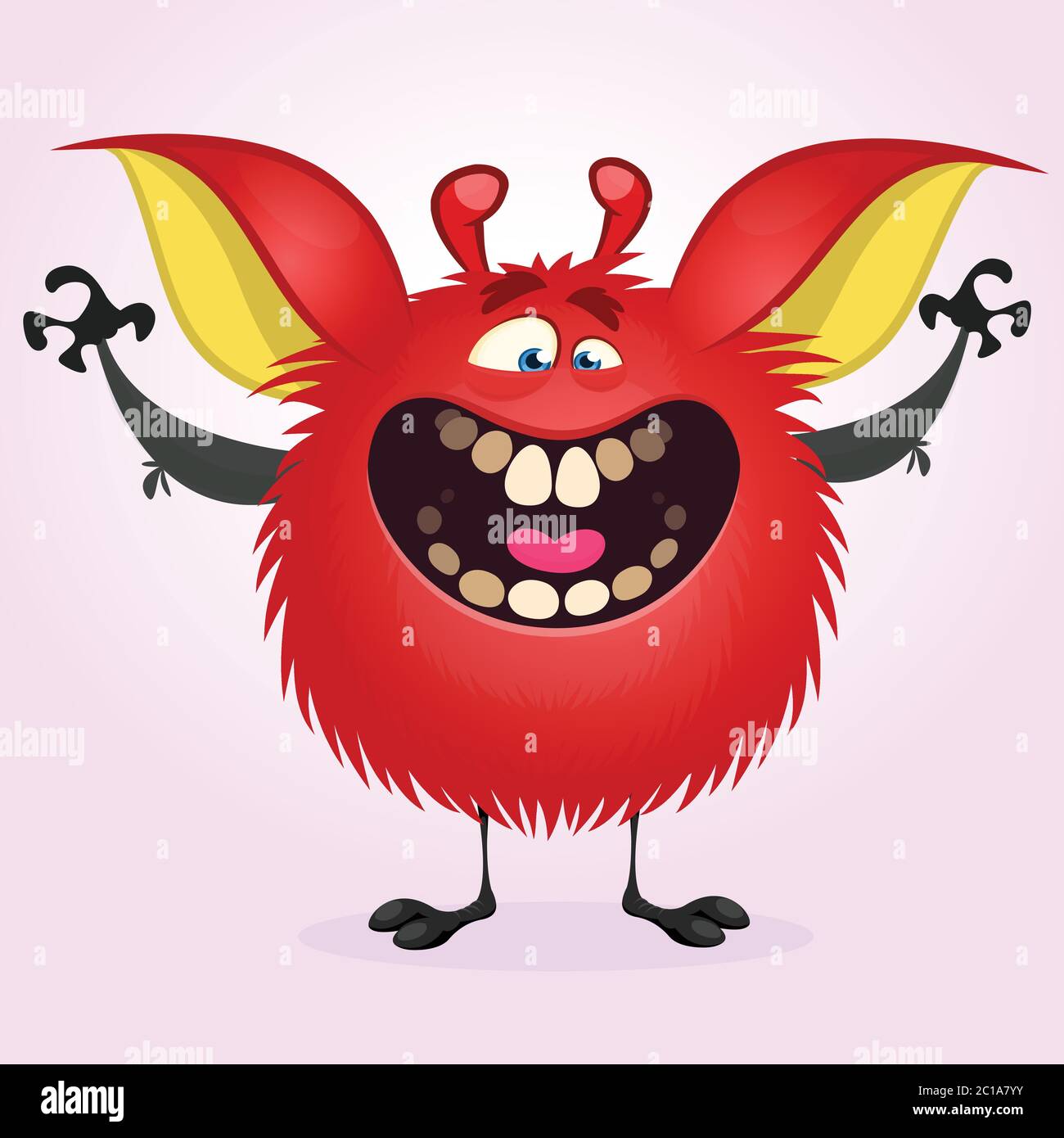 Happy red monster excited. Vector illustration of hairy round troll ...