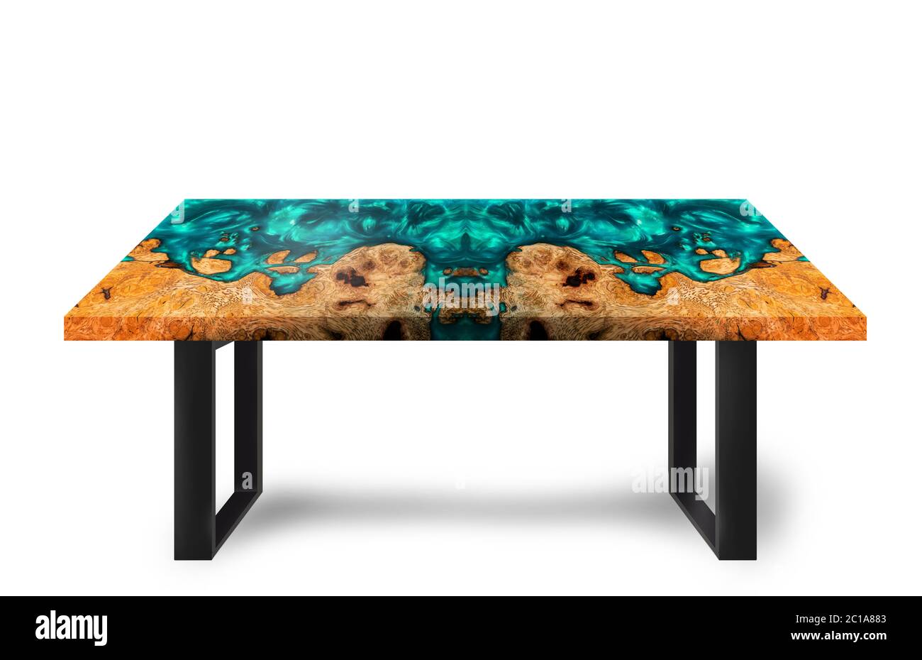 Table modern style made of casting epoxy blue resin maple burl wood ...