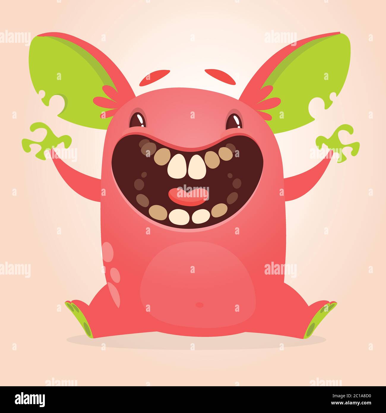 Cute happy cartoon red monster with big ears laughing. Halloween vector ...