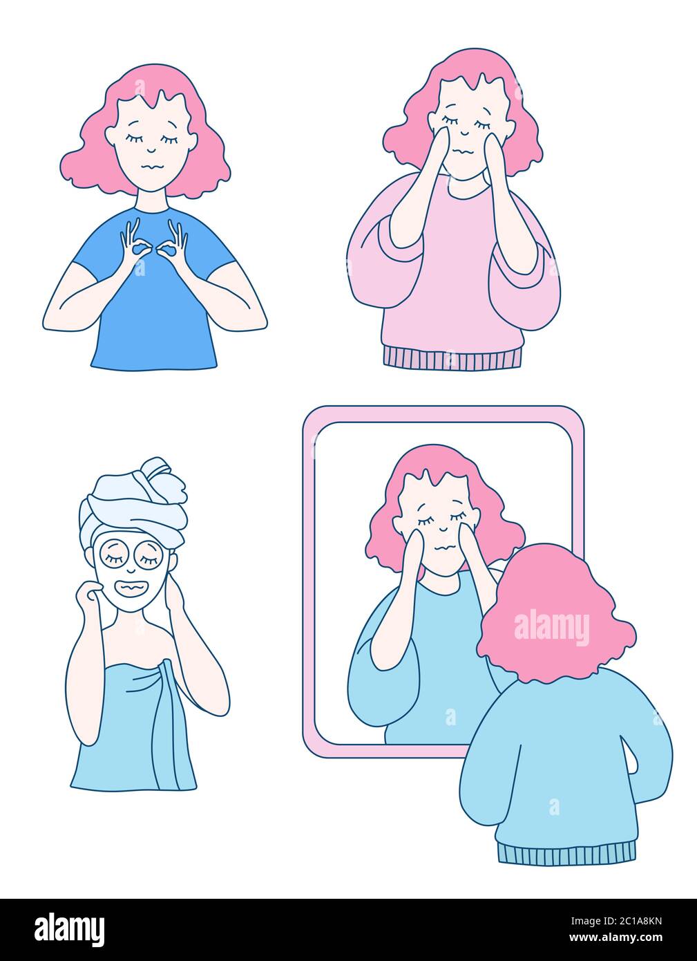 Set of cute girl with closed eyes in different bright clothes with fair ...