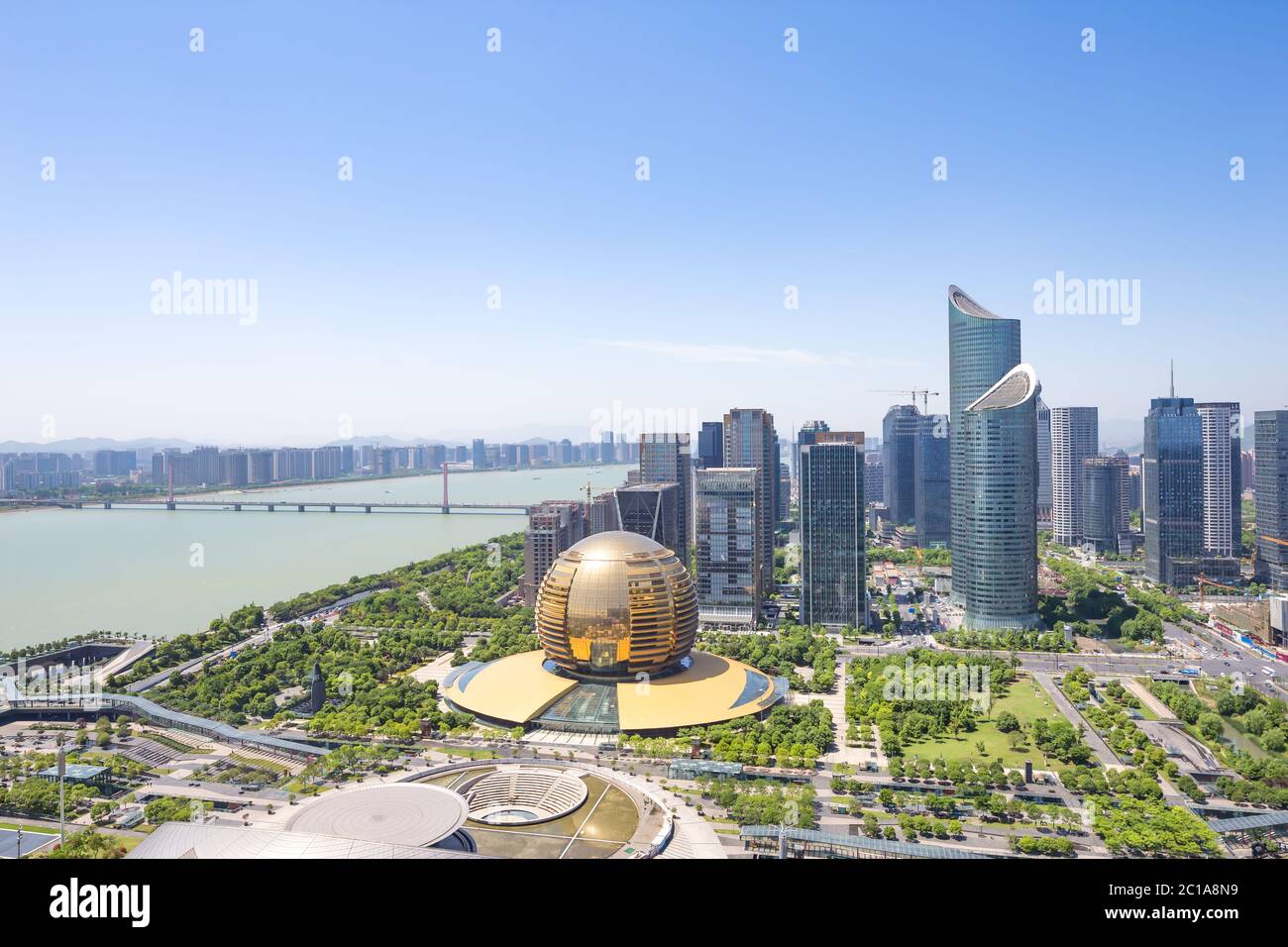 aerial view of modern city near river Stock Photo - Alamy